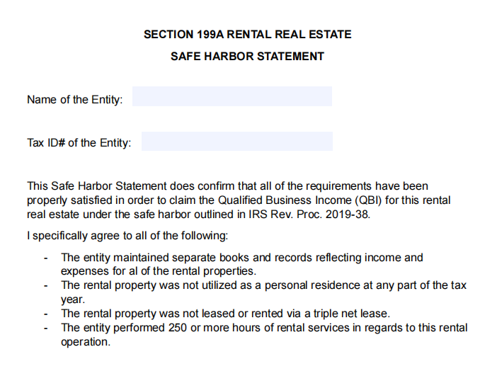 Section 199A Rental Safe Harbor Statement (Template) - Blessing ...
